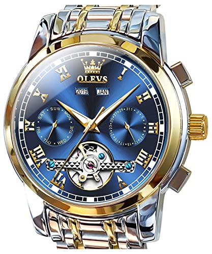 OLEVS Self Winding Blue Watches for Men Automatic Mechanical Tourbillon Stainless Steel Waterproof Luminous Luxury Dress Wrist Watches