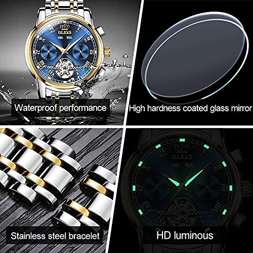 OLEVS Self Winding Blue Watches for Men Automatic Mechanical Tourbillon Stainless Steel Waterproof Luminous Luxury Dress Wrist Watches