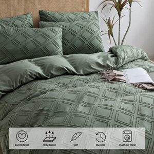 JELLYMONI Green Duvet Cover Set Queen Size - Microfiber Tufted, Boho Textured, Jacquard Rhombus Geometric Pattern Duvet Cover with Corner Ties & Zipper Closure