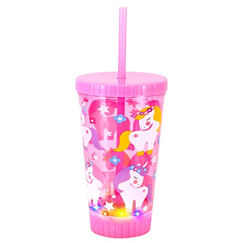 GILANO 16oz Kids Tumbler Water Drinking Bottle with LED Light Up - BPA Free, Straw Lid Cup, Reusable, Lightweight, Spill-Proof Water Bottle with Cute Design for Girls & Boys (Unicorn)