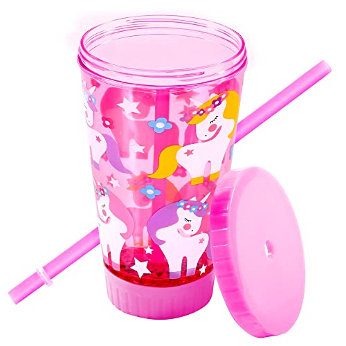 GILANO 16oz Kids Tumbler Water Drinking Bottle with LED Light Up - BPA Free, Straw Lid Cup, Reusable, Lightweight, Spill-Proof Water Bottle with Cute Design for Girls & Boys (Unicorn)