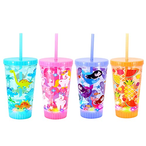 GILANO 16oz Kids Tumbler Water Drinking Bottle with LED Light Up - BPA Free, Straw Lid Cup, Reusable, Lightweight, Spill-Proof Water Bottle with Cute Design for Girls & Boys (Unicorn)