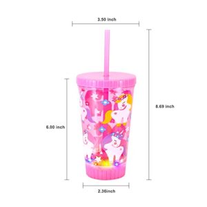 GILANO 16oz Kids Tumbler Water Drinking Bottle with LED Light Up - BPA Free, Straw Lid Cup, Reusable, Lightweight, Spill-Proof Water Bottle with Cute Design for Girls & Boys (Unicorn)