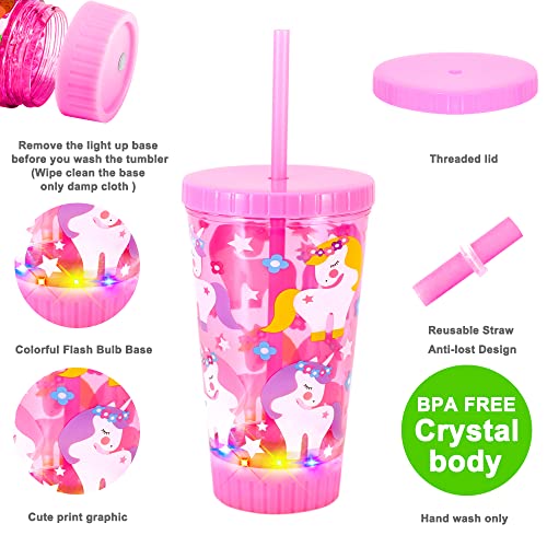 GILANO 16oz Kids Tumbler Water Drinking Bottle with LED Light Up - BPA Free, Straw Lid Cup, Reusable, Lightweight, Spill-Proof Water Bottle with Cute Design for Girls & Boys (Unicorn)