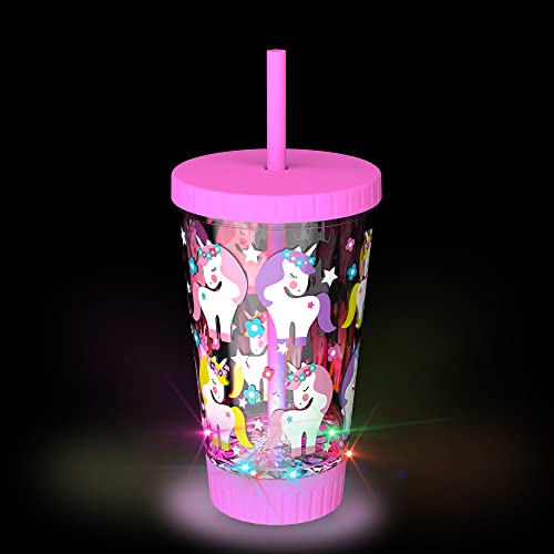 GILANO 16oz Kids Tumbler Water Drinking Bottle with LED Light Up - BPA Free, Straw Lid Cup, Reusable, Lightweight, Spill-Proof Water Bottle with Cute Design for Girls & Boys (Unicorn)