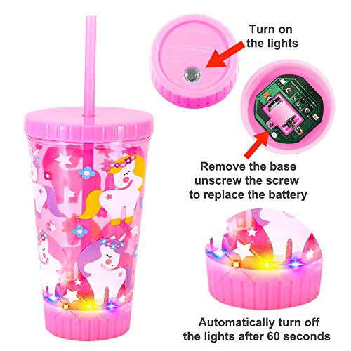 GILANO 16oz Kids Tumbler Water Drinking Bottle with LED Light Up - BPA Free, Straw Lid Cup, Reusable, Lightweight, Spill-Proof Water Bottle with Cute Design for Girls & Boys (Unicorn)