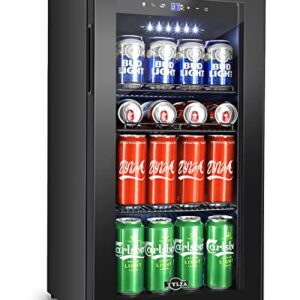 Tylza Mini Beverage Cooler Refrigerator Freestanding, 130 Cans Beverage Fridge with Glass Door for Beer Soda and Wine, Small Drink Fridge for Office or Bar with Adjustable Removable Shelves