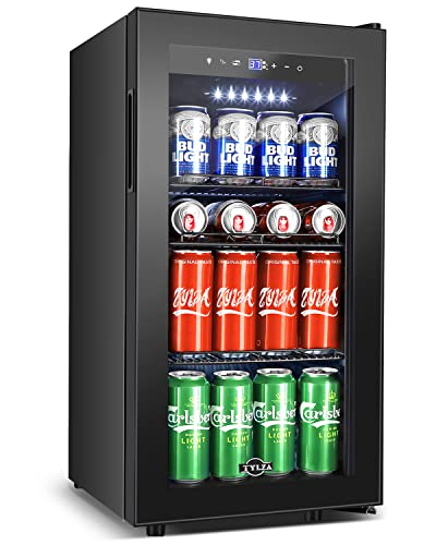 Tylza Mini Beverage Cooler Refrigerator Freestanding, 130 Cans Beverage Fridge with Glass Door for Beer Soda and Wine, Small Drink Fridge for Office or Bar with Adjustable Removable Shelves