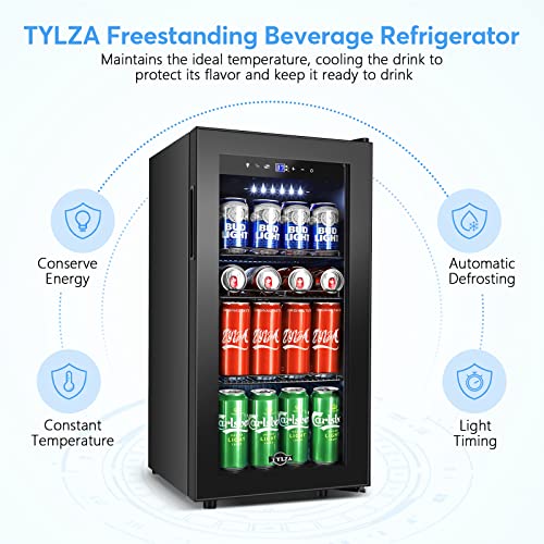 Tylza Mini Beverage Cooler Refrigerator Freestanding, 130 Cans Beverage Fridge with Glass Door for Beer Soda and Wine, Small Drink Fridge for Office or Bar with Adjustable Removable Shelves