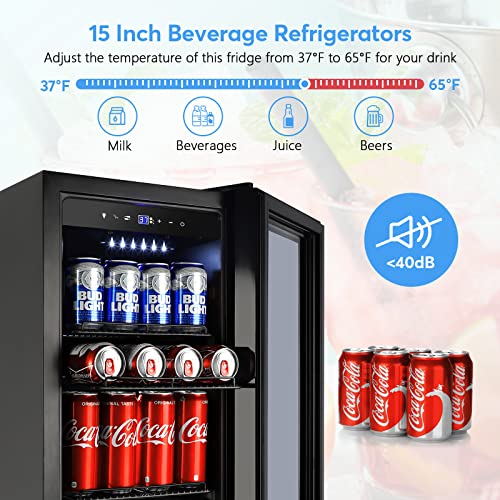 Tylza Mini Beverage Cooler Refrigerator Freestanding, 130 Cans Beverage Fridge with Glass Door for Beer Soda and Wine, Small Drink Fridge for Office or Bar with Adjustable Removable Shelves