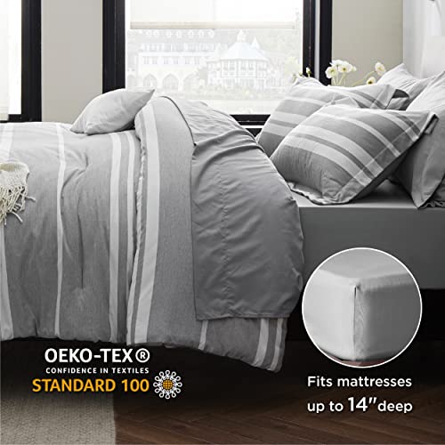 Bedsure Bed in a Bag Queen 7 Pieces, Grey White Striped Queen Bed Set Reversible, Cationic Dyeing Bedding Comforter Sets with Comforter, Sheets, Pillowcases & Shams