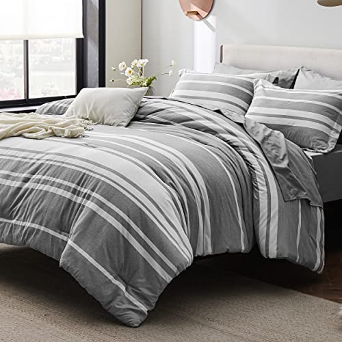 Bedsure Bed in a Bag Queen 7 Pieces, Grey White Striped Queen Bed Set Reversible, Cationic Dyeing Bedding Comforter Sets with Comforter, Sheets, Pillowcases & Shams