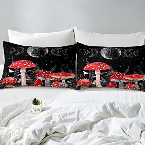 Mushroom Cartoon Duvet Cover Twin Size, Sun Moon Exotic Bedding Sets, Botanical Theme Comforter Cover with 1 Pillowcase, Black Red