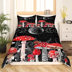 Mushroom Cartoon Duvet Cover Twin Size, Sun Moon Exotic Bedding Sets, Botanical Theme Comforter Cover with 1 Pillowcase, Black Red