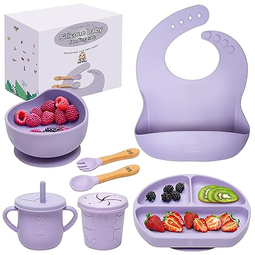 Digi Baby 7 Piece Complete Feeding Set, Led Weaning Supplies, Boy-Girl Silicone Utensils, Toddler Suction Plate-Bowl, Adjustable Bib, Snack Cup with Lid, Water Cup, Fork-Spoon, Eating Purple