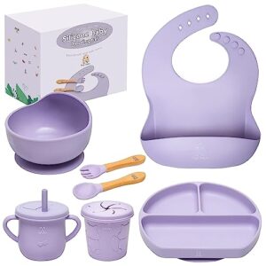 Digi Baby 7 Piece Complete Feeding Set, Led Weaning Supplies, Boy-Girl Silicone Utensils, Toddler Suction Plate-Bowl, Adjustable Bib, Snack Cup with Lid, Water Cup, Fork-Spoon, Eating Purple