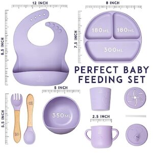 Digi Baby 7 Piece Complete Feeding Set, Led Weaning Supplies, Boy-Girl Silicone Utensils, Toddler Suction Plate-Bowl, Adjustable Bib, Snack Cup with Lid, Water Cup, Fork-Spoon, Eating Purple