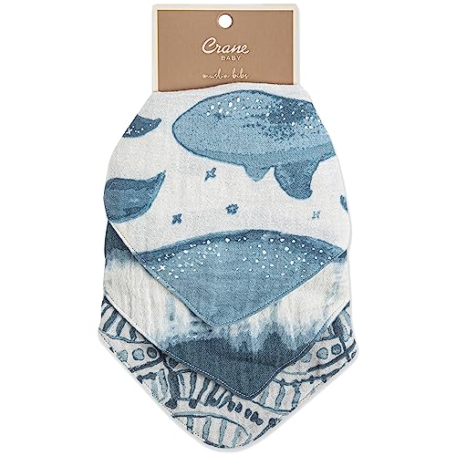 Crane Baby Soft Muslin Baby Bib Set, Adjustable and Absorbent Bandana Style Bibs for Boys and Girls, Whale, 3 Piece, 18.5” x 9”