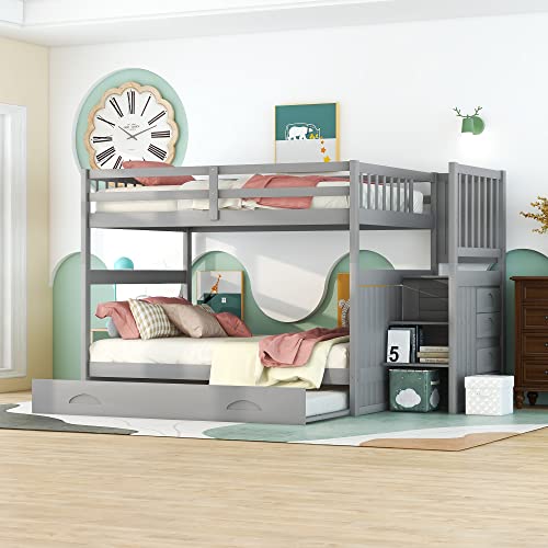 Harper & Bright Designs Bunk Beds Full Over Full Size, Wood Full Bunk Bed with Trundle Bed, Bunk Beds with Stairway for Kids Teens Adults, No Spring Box Needed (Grey, Can be Convertible to 2 Beds)