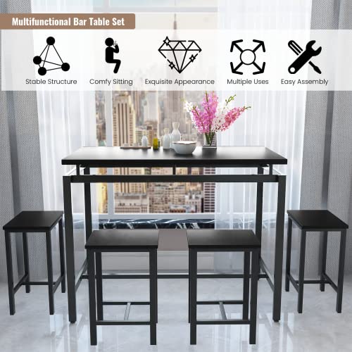 AWQM 5 Pieces Dining Table Set for 4,Black Bar Table Set with 4 Bar Stools Counter Height Bar Table and Chairs Set Wood Pub Table Set Breakfast Table for Kitchen,Small Spcace