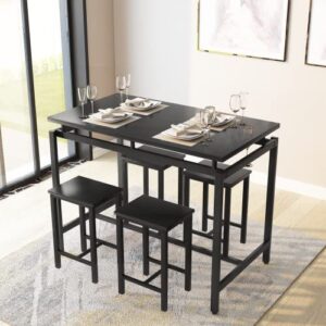 AWQM 5 Pieces Dining Table Set for 4,Black Bar Table Set with 4 Bar Stools Counter Height Bar Table and Chairs Set Wood Pub Table Set Breakfast Table for Kitchen,Small Spcace