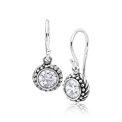 925 Sterling Silver Hanging Earrings With White Round Cubic Zirconia Antique Finish Beads & Rope Bezel Frame Hypoallergenic Nickel & Lead-free Artisan Handcrafted Designer, French Wire Earring Back