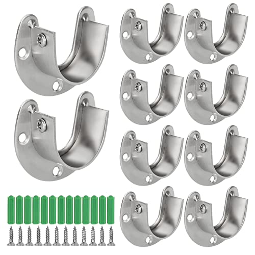 CYEAH 10 Pack Stainless Steel Closet Rod Bracket, 1-1/4" Diameter Closet Rod Holder, Heavy Duty Closet Rod Support Brackets, U Shaped Flange Rod Holder for Pipe, Closet, Shower Curtain Rod