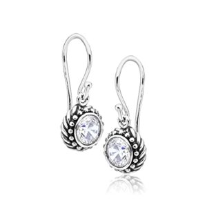 925 Sterling Silver Hanging Earrings With White Round Cubic Zirconia Antique Finish Beads & Rope Bezel Frame Hypoallergenic Nickel & Lead-free Artisan Handcrafted Designer, French Wire Earring Back