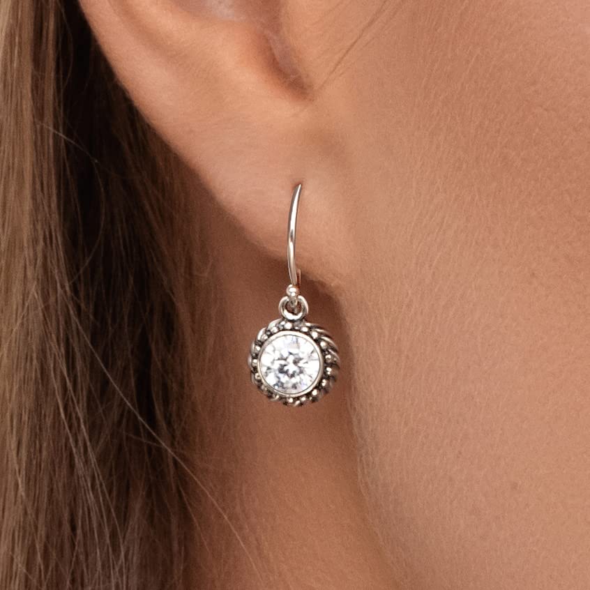 925 Sterling Silver Hanging Earrings With White Round Cubic Zirconia Antique Finish Beads & Rope Bezel Frame Hypoallergenic Nickel & Lead-free Artisan Handcrafted Designer, French Wire Earring Back