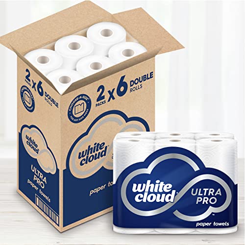 White Cloud Ultra PRO Ultra Absorbent Paper Towel, Choose-a-Size Sheets, 2 Packs of 6 DOUBLE Rolls = 24 Regular Rolls