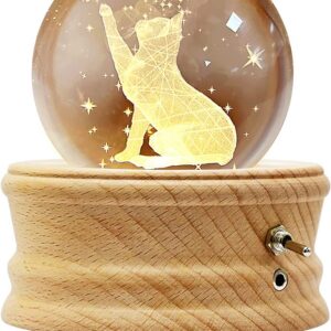 DCOVOR Crystal Ball Music Box, 3D Rotating Globe with Warm Light Projection, Wood Base USB Charging Musical Box, Gift for Women Men Girls Boys Birthday Christmas Thanksgiving Mothers Day (Cat)