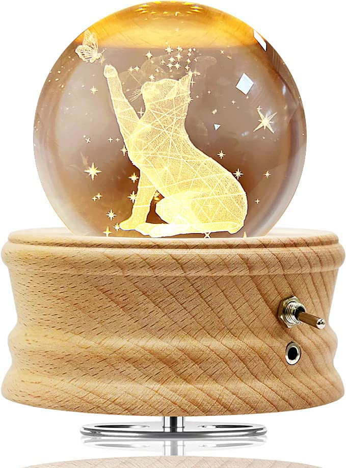 DCOVOR Crystal Ball Music Box, 3D Rotating Globe with Warm Light Projection, Wood Base USB Charging Musical Box, Gift for Women Men Girls Boys Birthday Christmas Thanksgiving Mothers Day (Cat)