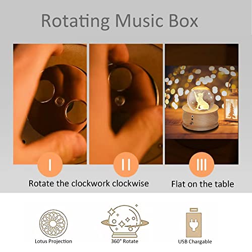 DCOVOR Crystal Ball Music Box, 3D Rotating Globe with Warm Light Projection, Wood Base USB Charging Musical Box, Gift for Women Men Girls Boys Birthday Christmas Thanksgiving Mothers Day (Cat)