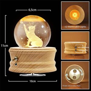 DCOVOR Crystal Ball Music Box, 3D Rotating Globe with Warm Light Projection, Wood Base USB Charging Musical Box, Gift for Women Men Girls Boys Birthday Christmas Thanksgiving Mothers Day (Cat)