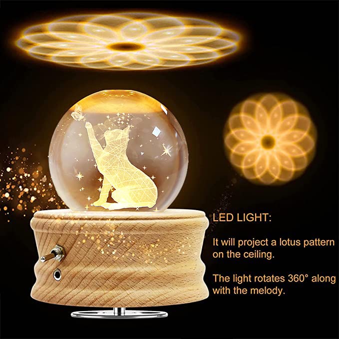 DCOVOR Crystal Ball Music Box, 3D Rotating Globe with Warm Light Projection, Wood Base USB Charging Musical Box, Gift for Women Men Girls Boys Birthday Christmas Thanksgiving Mothers Day (Cat)