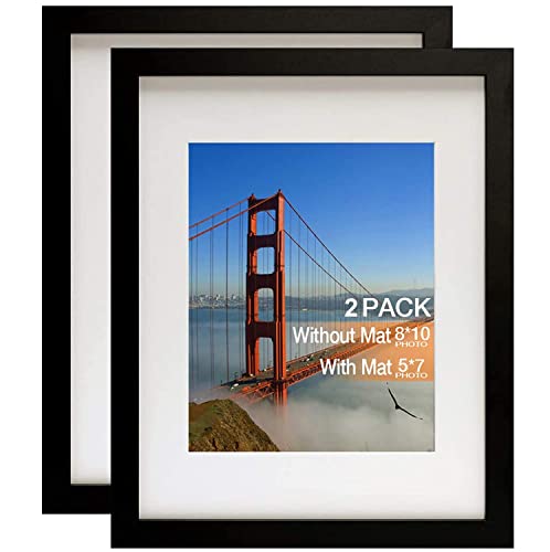 Picture Frames 8x10 Picture Frame Set of 2，Display Pictures 5x7 with Mat or 8x10 Without Mat Real Glass and Composite Wood for Wall or Tabletop Display Pre-Installed Wall Mounting Hardware，Black