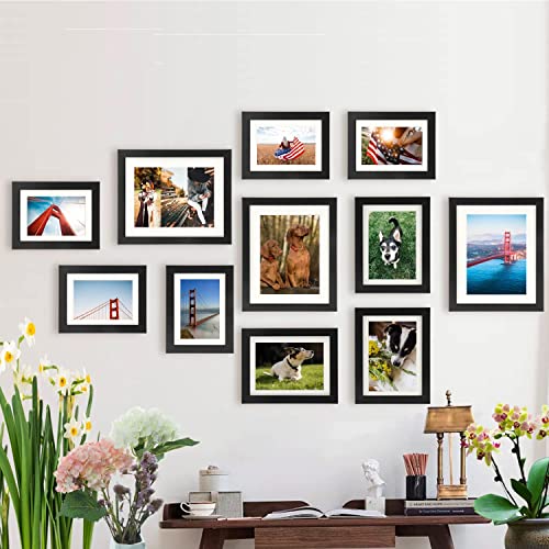 Picture Frames 8x10 Picture Frame Set of 2，Display Pictures 5x7 with Mat or 8x10 Without Mat Real Glass and Composite Wood for Wall or Tabletop Display Pre-Installed Wall Mounting Hardware，Black