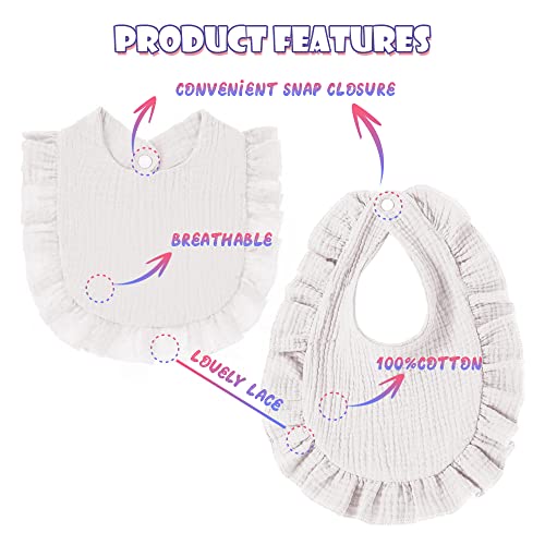 JIAHANG Baby Girls Muslin Cotton Drool Bibs，Flounce Edge Lace Teething Feeding Burp Cloths Multi-Use Saliva Towel for Newborn Infants (