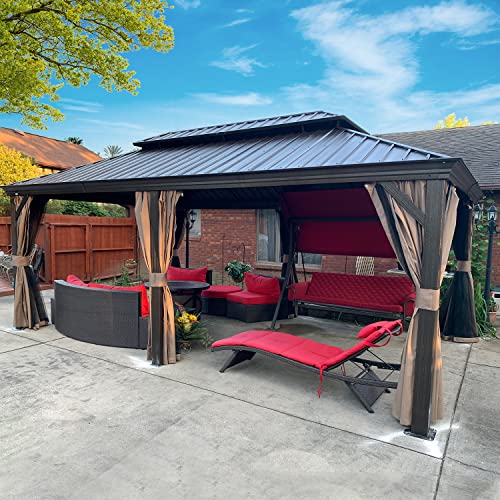 12' x 18' Hardtop Gazebo, Domi Outdoor Aluminum Metal Gazebo with Curtains and Netting, Galvanized Steel Double Canopy for Patios, Deck, Backyard