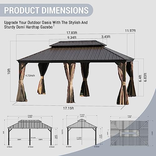 12' x 18' Hardtop Gazebo, Domi Outdoor Aluminum Metal Gazebo with Curtains and Netting, Galvanized Steel Double Canopy for Patios, Deck, Backyard