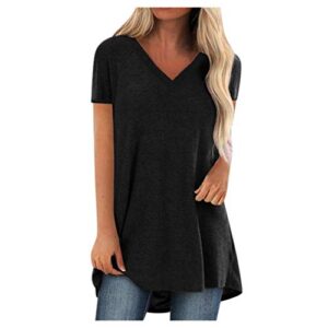 kkg long tunics for women to wear with leggings, short sleeve long tops  to wear with leggings v neck plus size summer shirt black