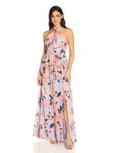 adrianna papell women's printed chiffon halter gown, opal/coral multi, 14