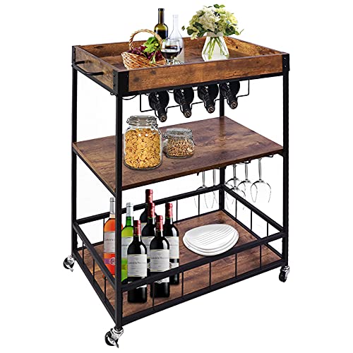 Fleecy day Bar Carts for Home,Bar Serving Cart 3-Tier Rustic Wood with Wine Rack and Glass Holder,Beverage Cart with Wheels and Metal Serving Trolley 34in