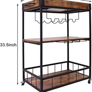 Fleecy day Bar Carts for Home,Bar Serving Cart 3-Tier Rustic Wood with Wine Rack and Glass Holder,Beverage Cart with Wheels and Metal Serving Trolley 34in