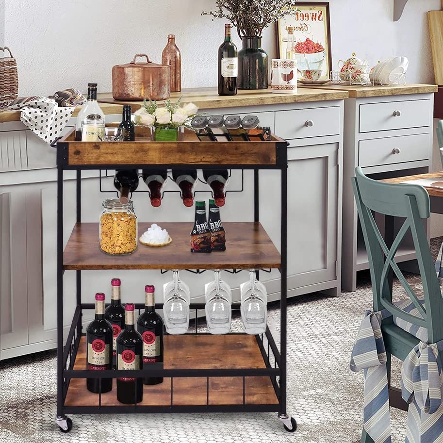 Fleecy day Bar Carts for Home,Bar Serving Cart 3-Tier Rustic Wood with Wine Rack and Glass Holder,Beverage Cart with Wheels and Metal Serving Trolley 34in