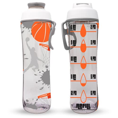 50 Strong Kids Water Bottle with Times to Drink | 24oz BPA-Free Reusable Water Bottles with Time Marker | Durable Plastic Design Perfect for School | Leakproof Chug Cap & Carry Loop | Made in USA