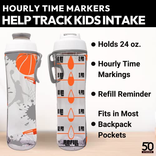 50 Strong Kids Water Bottle with Times to Drink | 24oz BPA-Free Reusable Water Bottles with Time Marker | Durable Plastic Design Perfect for School | Leakproof Chug Cap & Carry Loop | Made in USA