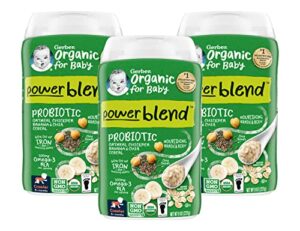 gerber organic for baby power blend probiotic cereal, oatmeal chickpea banana & chia cereal, organic & non-gmo baby cereal, 8-ounce canister (pack of 3)