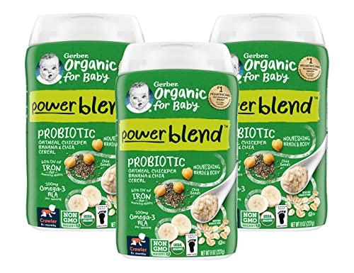 Gerber Organic for Baby Power Blend Probiotic Cereal, Oatmeal Chickpea Banana & Chia Cereal, Organic & Non-GMO Baby Cereal, 8-Ounce Canister (Pack of 3)