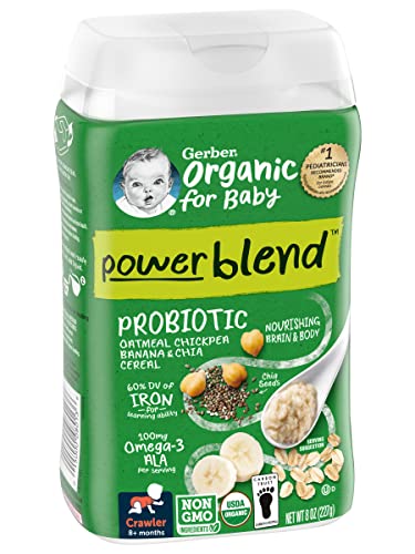 Gerber Organic for Baby Power Blend Probiotic Cereal, Oatmeal Chickpea Banana & Chia Cereal, Organic & Non-GMO Baby Cereal, 8-Ounce Canister (Pack of 3)